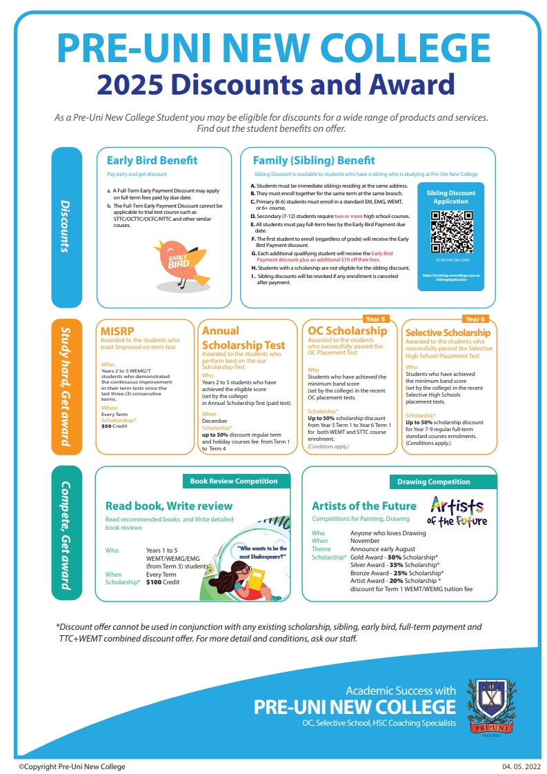 Cyberschool - Pre-Uni New College Discount and Award List