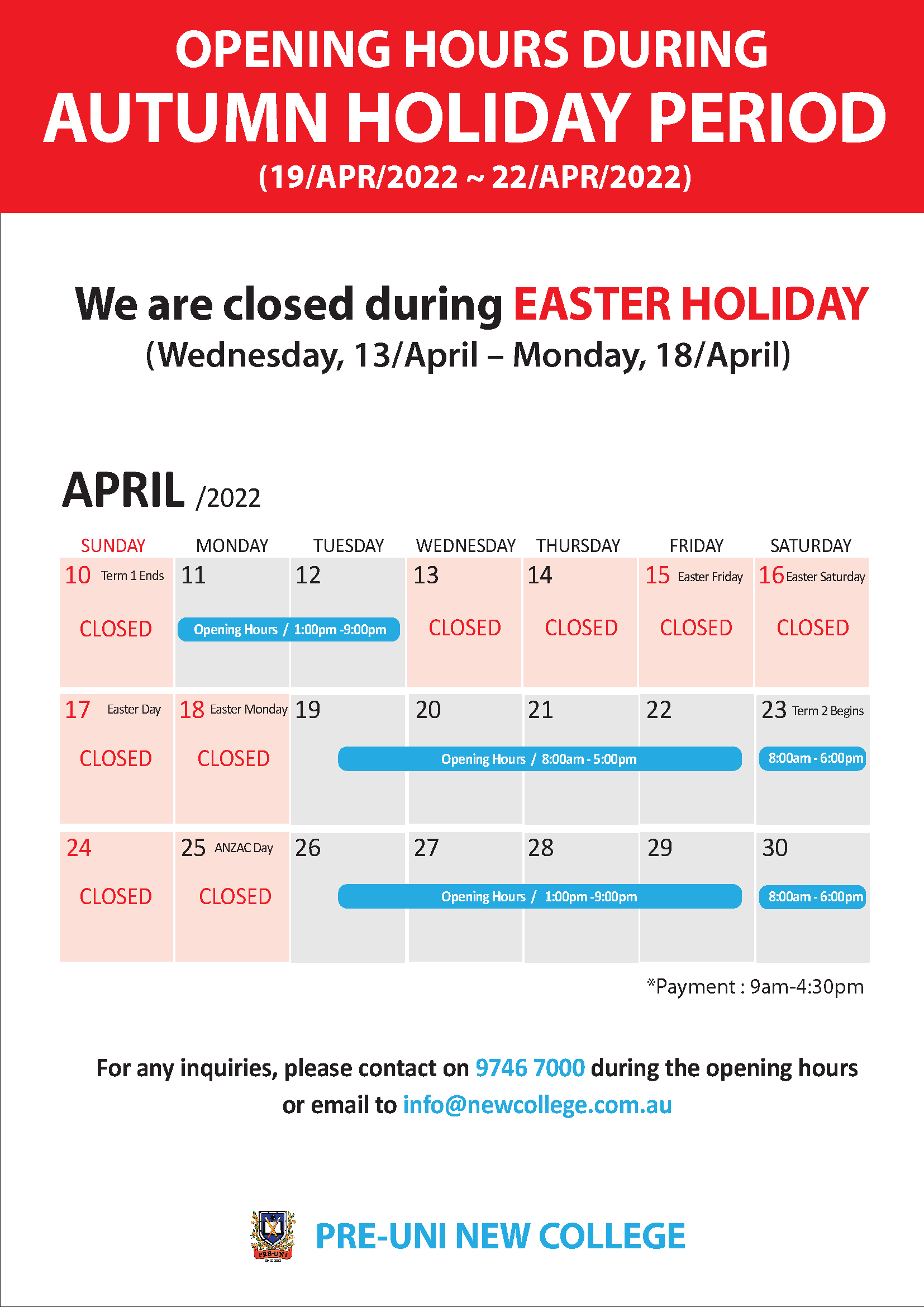Cyberschool - We will be closed over Easter holiday period.